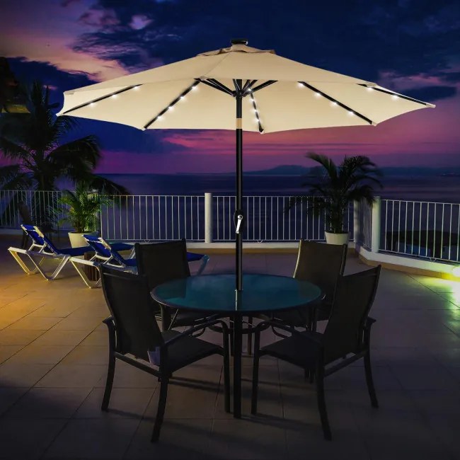 Sonnenschirm mit LED-Solar-Beleuchtung beige