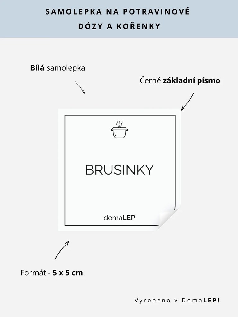 BRUSINKY – bílá samolepka na dózu, základní písmo, 5 x 5 cm | DomaLEP