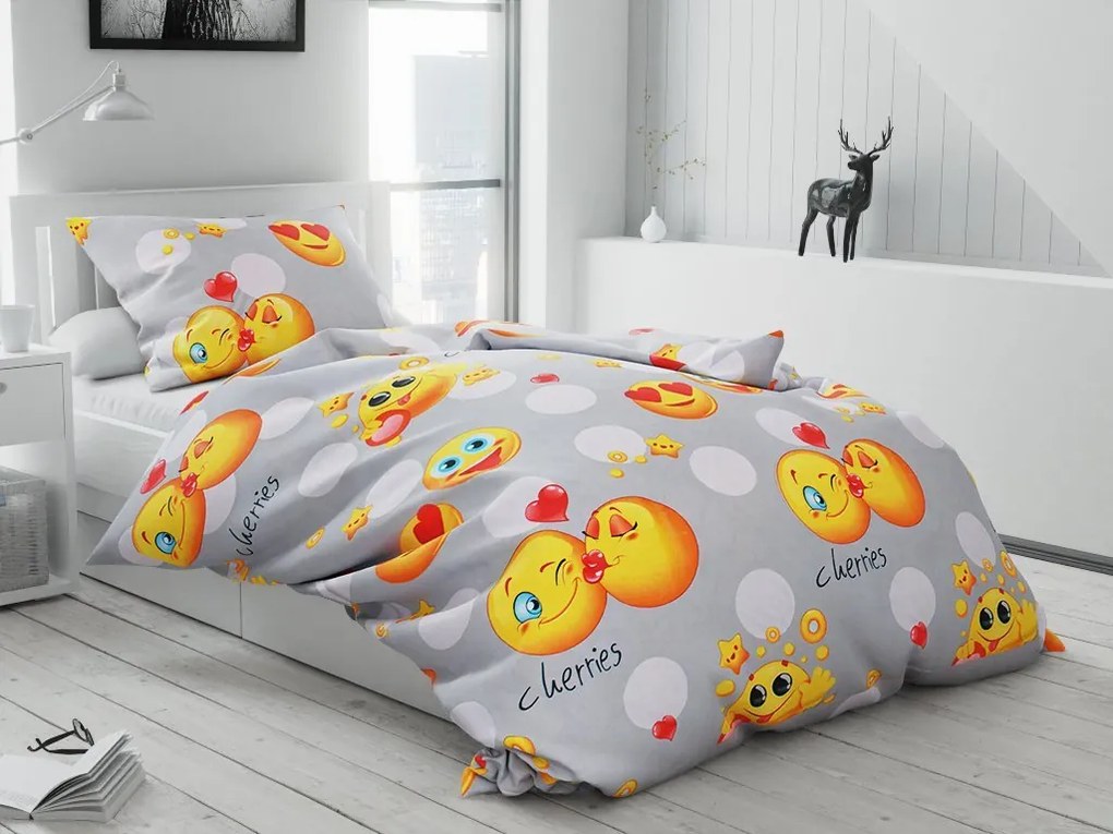 Povlečení z mikrovlákna EMOJI šedé + prostěradlo jersey 90x200 cm žluté