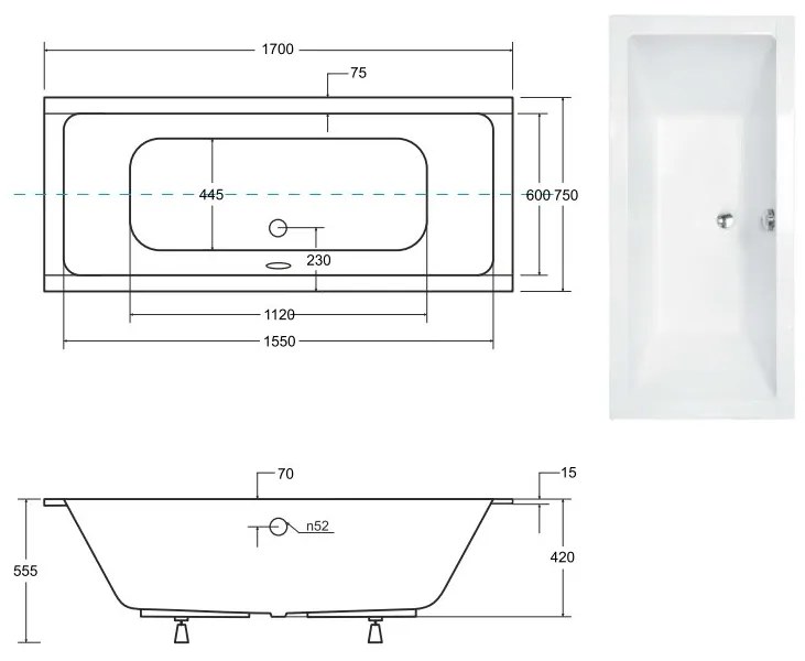 Besco Quadro Slim 165x75, 170x75 akrylátová vana Délka vany: 170cm