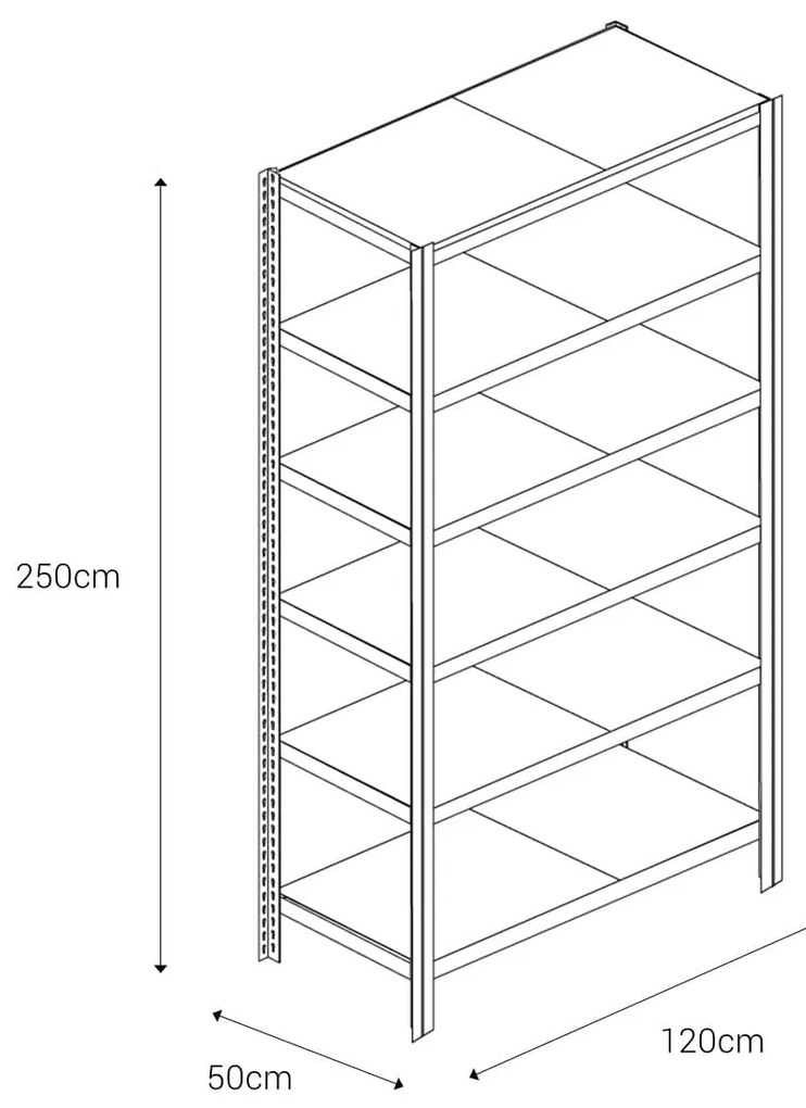 Bezšroubové kovové regál 250x120x50cm T profil, 6 polic