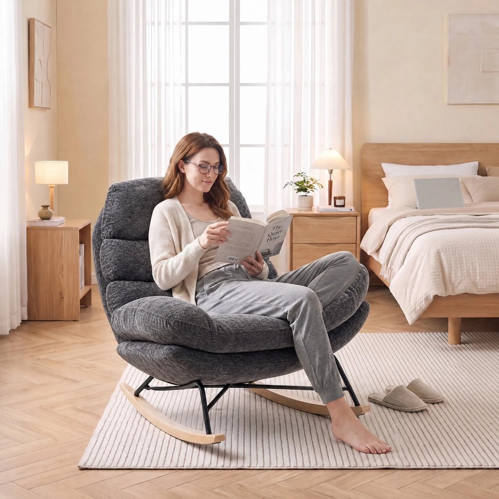HOMCOM Houpací křeslo z chenille, křeslo k sezení v tureckém sedu s 2vrstvým polštářem, měkkým opěradlem, podnož z kaučukového dřeva, tmavě šedé