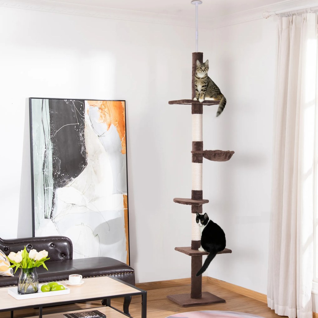 Stropní škrabadlo PawHut vysoké 230-260 cm - výškově nastavitelný kočičí strom s robustními sisalovými sloupky v hnědé barvě pro milovníky koček | Ao…