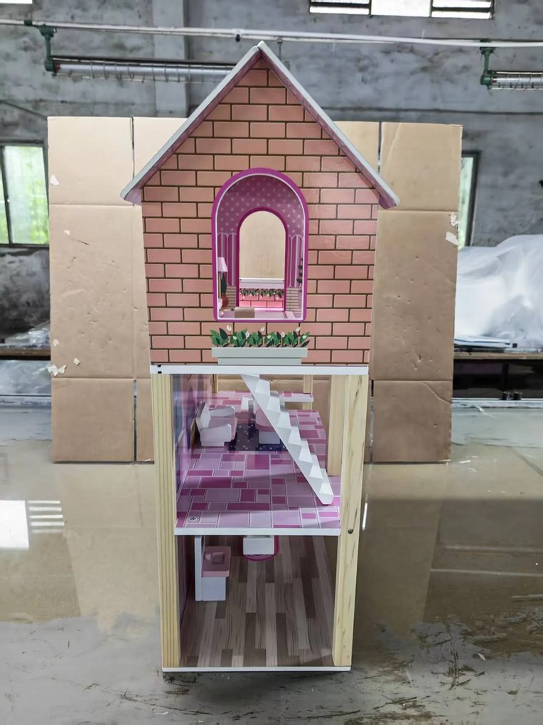 AIYAPLAY Dřevěný domeček pro panenky pro děti, vysněný domeček pro dívky, 3 patra s balkónem, schodištěm a 10 doplňky, růžový