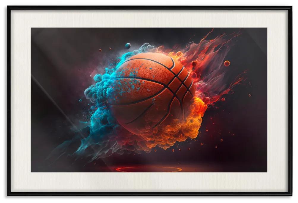 Plakát Střelba na cíl - basketbalový míč v oranžovém a modrém prachu