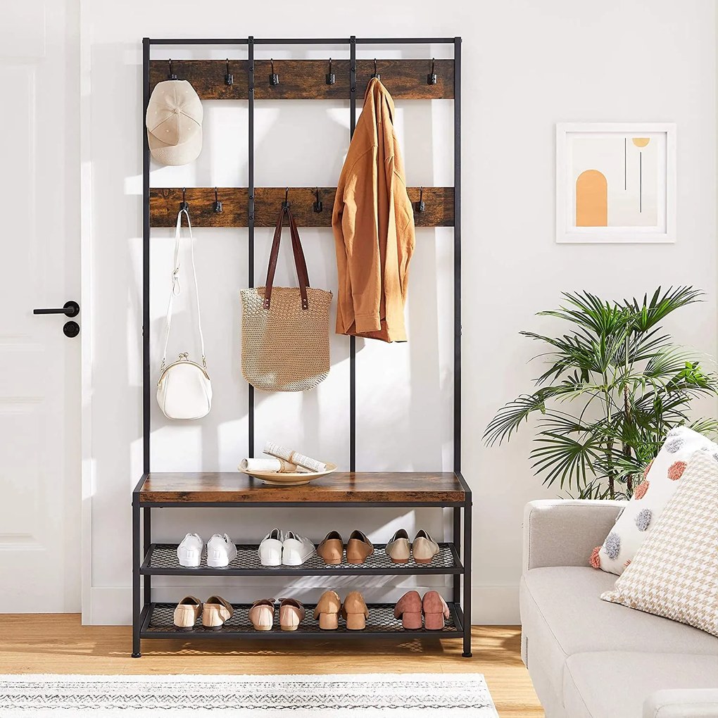Rustikální věšák na oblečení, velký kabátový stojan s lavicí, rustikální hnědá a černá