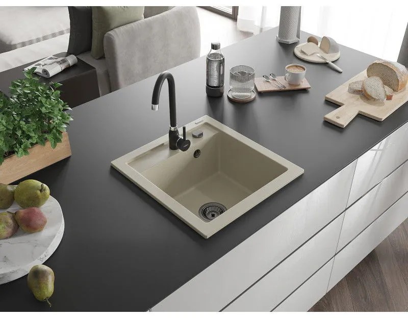 Mexen Vito, granitový dřez 520x490x210 mm, 1-komorový, béžová s černým sifonem, 6503521000-69-B