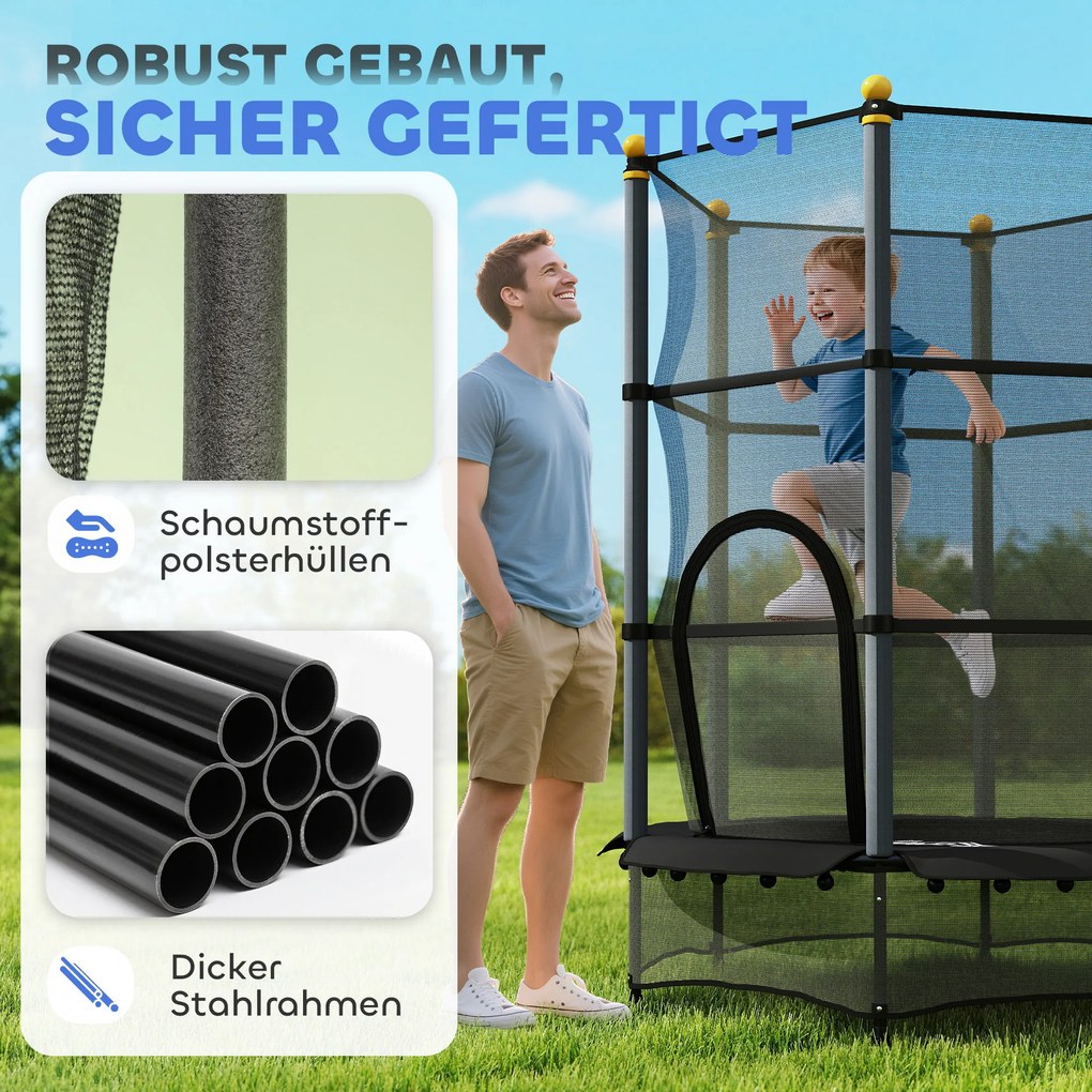 HOMCOM dětská trampolína Ø140 cm, trampolína s ochrannou sítí, kryt hran, zahradní trampolína pro děti 3-10 let, max. zatížení 50 kg, černá barva