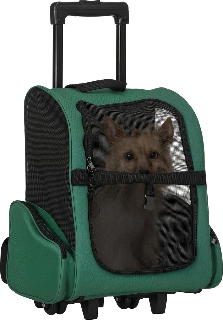 PawHut 2v1 nosič pro domácí mazlíčky - batoh nebo vozík na cestování pro psy a kočky s 2 koly, sklopná hliníková rukojeť a kapsy 42x25x55 cm Zelená |