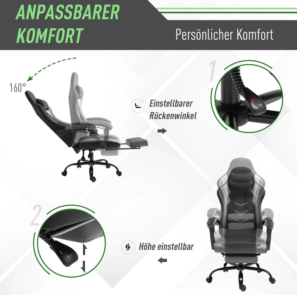 Herní křeslo Vinsetto, výškově nastavitelné, s opěrkou hlavy a bederním polštářem, ergonomické, do 120 kg, s podnožkami, černé | Aosom.de