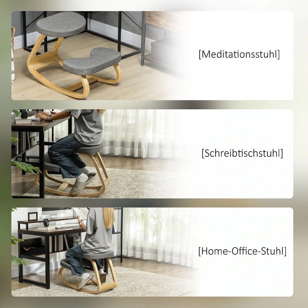 HOMCOM Klaněcí Židle, Ergonomická Houpací Dřevěná Klaněcí Židle pro Domácí Kancelář, Zlepšuje Držení Těla, Bolesti Zad, Šedá
