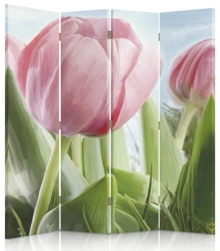 Ozdobný paraván Květiny Tulipány Příroda - 145x170 cm, čtyřdílný, obustranný paraván 360°