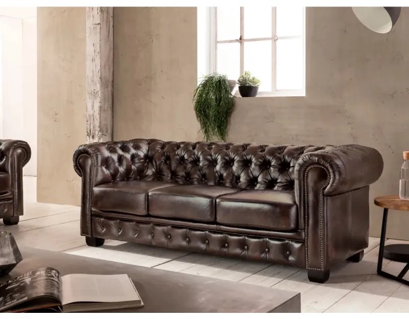 furniture-nabytek.cz - Pohovka Chesterfield z pravé kůže, hnědá, 310×100×72 cm