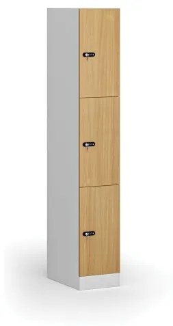 Šatní skříňka s úložnými boxy, 3 boxy, 1850 x 300 x 500 mm, mechanický kódový zámek, laminované dveře, buk