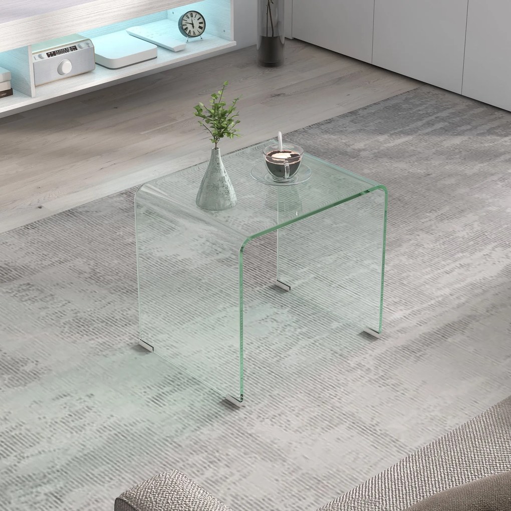 HOMCOM Moderní skleněný konferenční stolek s monoblok designem a protiskluzovými nohami, tvrzené sklo, 50x40x45 cm, průhledný