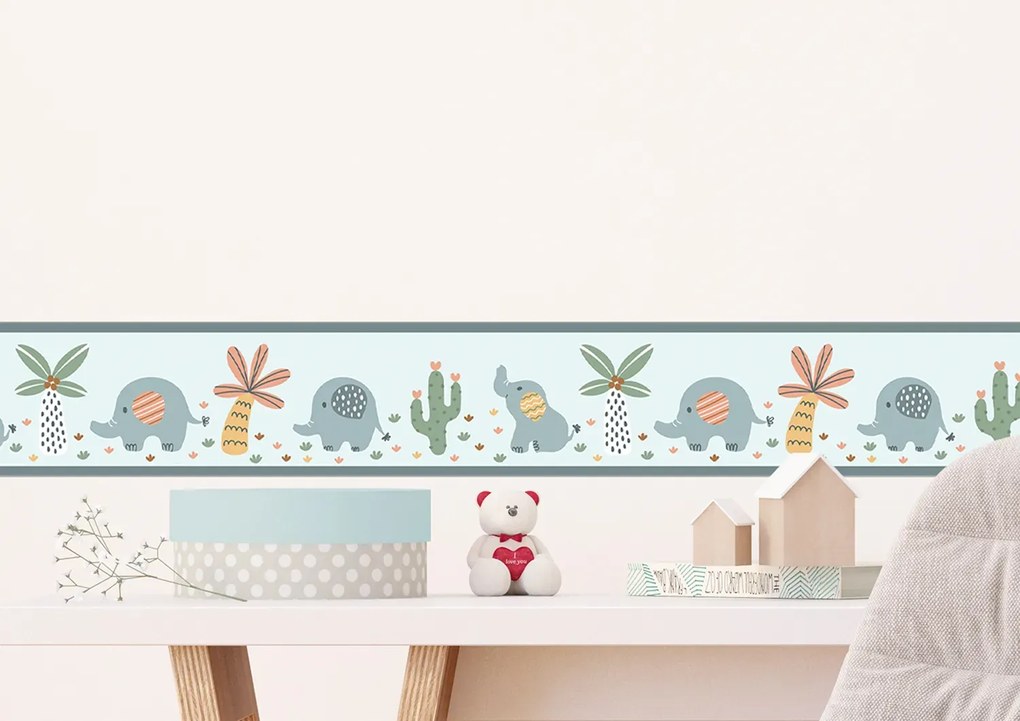 Dětská samolepící bordura na zeď Modří Sloni | 5 m x 13.8 cm | DWBD8505