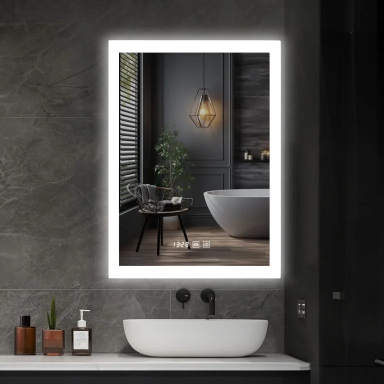 LED zrcadlo 80 × 60 cm s odmlžováním a hodinami