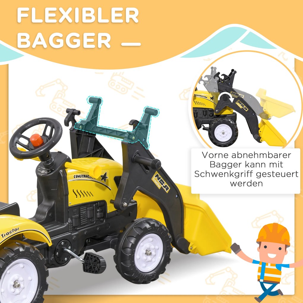 HOMCOM Šlapací traktor s přívěsem, šlapací vozidlo s lopatou, dětské vozidlo traktor pro děti od 3 let, žlutý