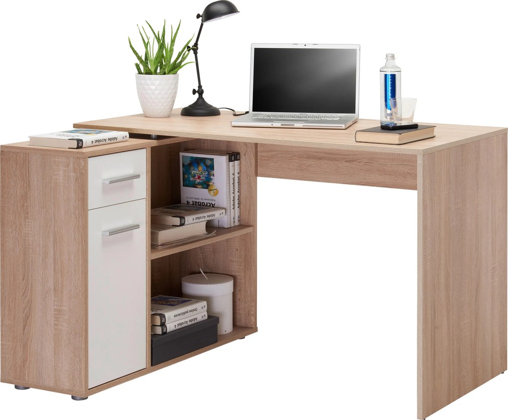 XXXLutz ROHOVÝ PSACÍ STŮL, bílá, barvy dubu, 94/120/75 cm Hom`in - Rohové psací stoly - 002647001501