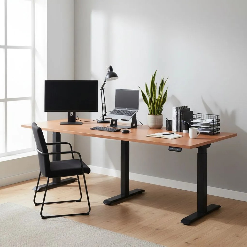 Výškově nastavitelný stůl OfficeTech Long, 240 x 80 cm, černá podnož, třešeň