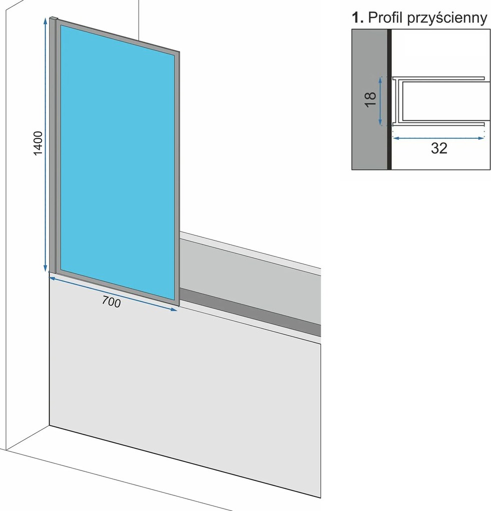 Rea LAGOS FIX - vanová zástěna, 1-křídlová, 70 x 140 cm, černá-transparentní, REA-K7689