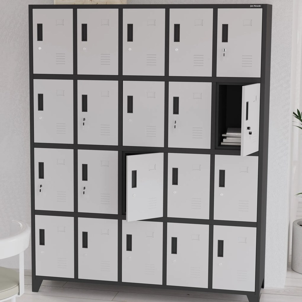 Šatní skříň s 20 uzamykatelnými boxy, antracitovo-bílá, 1360x1720x450 mm: ROBERT