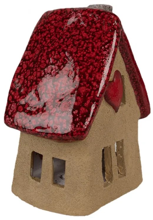 Keramický domeček na svíčku s červenou střechou a srdcem Sevrin II – 12x9x16 cm
