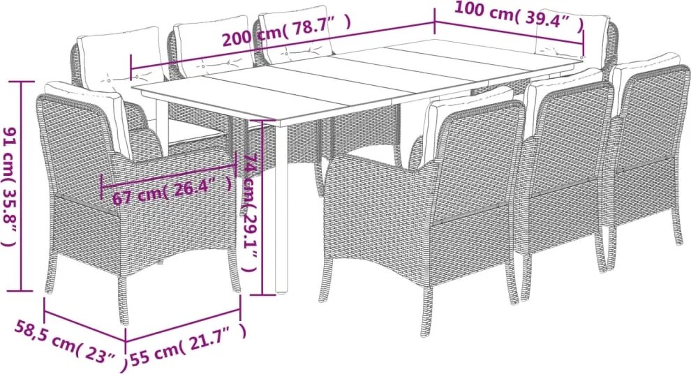 9dílný zahradní jídelní set s poduškami černý polyratan 3211933