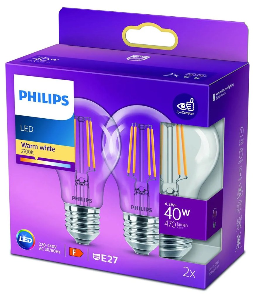 Philips LED žárovka E27 4,3W 2700K filament 2 ks