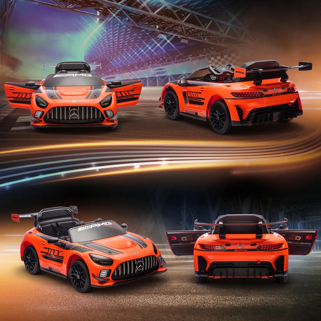 AIYAPLAY dětské elektrické auto 3-8 let Mercedes-AMG 12V s dálkovým ovládáním, LED světly, transportními kolečky, oranžová