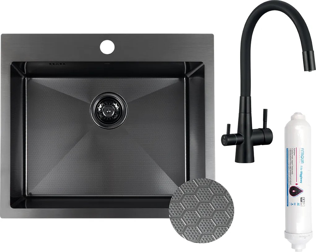 Laveo Malawi, 1-komorový nerezový dřez 580x500x200 mm s kuchyňskou baterií s připojením na filtr vody, černá, LAV-SLMA710F