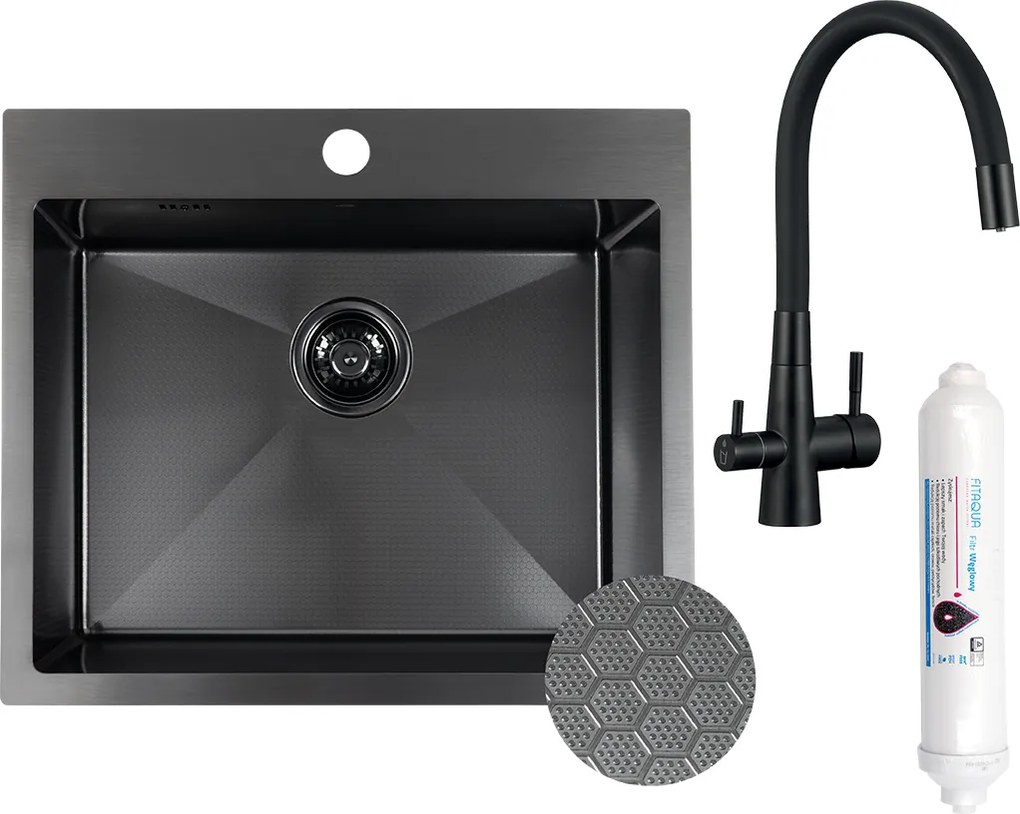 Laveo Malawi, 1-komorový nerezový dřez 580x500x200 mm s kuchyňskou baterií s připojením na filtr vody, černá, LAV-SLMA710F