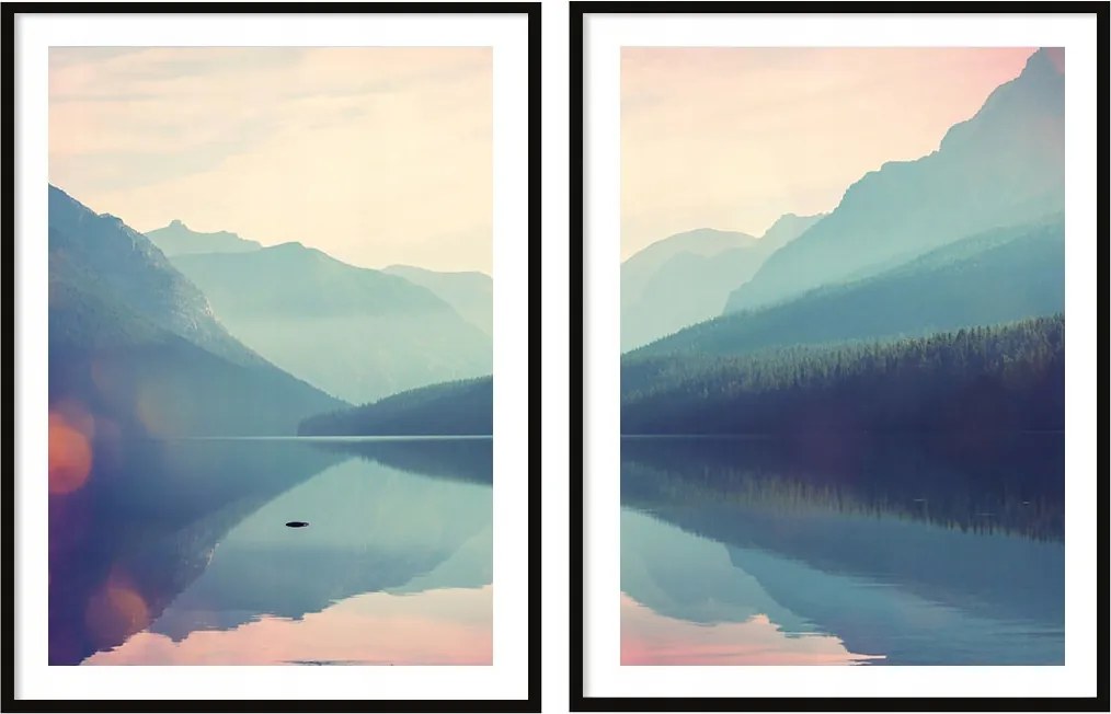 Obraz Plakáty V Rámu 53x73 cm Diptych Sada 2 obrazů Hory Jezero P2078