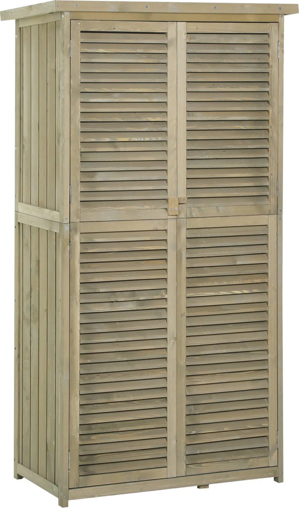 Dřevěná zahradní skříň Outsunny s asfaltem a slatěmi - Úložná kůlna se 4 přihrádkami Šedá 87 x 46,5 x 160 cm | Aosom