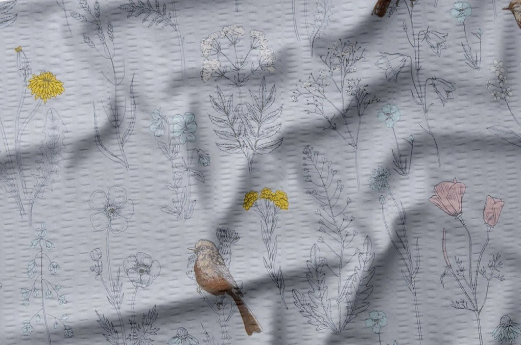 Krepové povlečení Ptáčci v kvítí - světle modré Velikost: 140 x 220 + 70 x 90