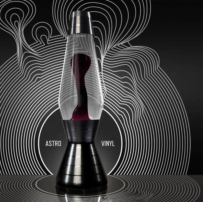 Mathmos Astro Vinyl, originální lávová lampa s čirou tekutinou a černou lávou, 43cm