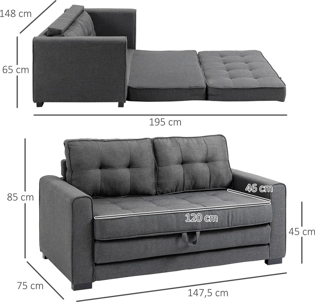 HOMCOM Rozkládací pohovka 2místná, rozkládací pohovka s funkcí spaní, lněný dotek, kaučukové dřevo, šedá, 147.5x75x85cm| Aosom