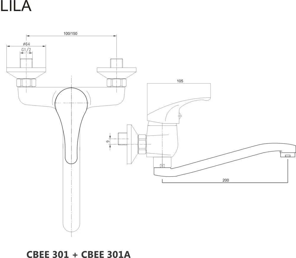 Mereo Mereo, Dřezová nástěnná baterie, Lila, s ramínkem plochým vyhnutým 180 mm, chrom, MER-CBEE301A05