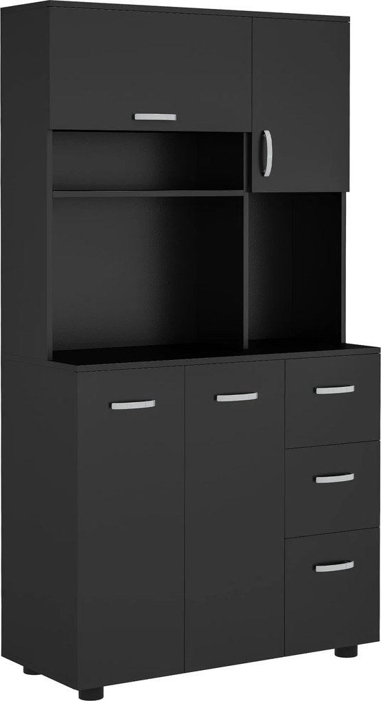 HOMCOM Víceúložná Kuchyňská Skříň se 4 Dveřmi a 3 Zásuvkami, Police + Velká Pracovní Deska 89L x 39,5W x 168H cm Černá | Aosom