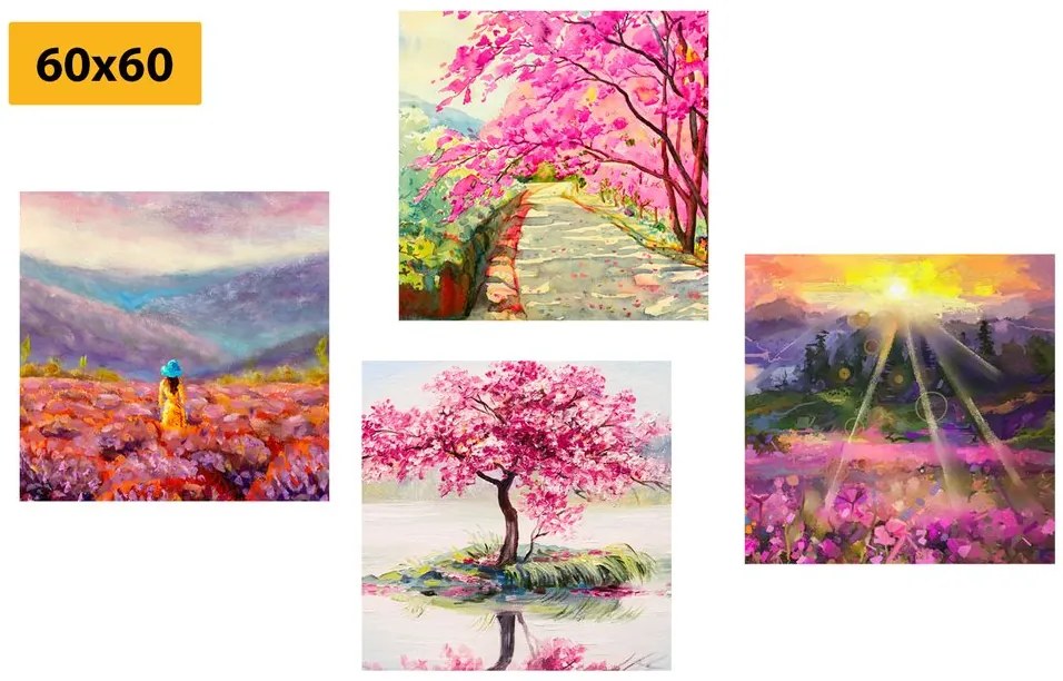 Set obrazů nádherná imitace olejomalby v růžové barvě