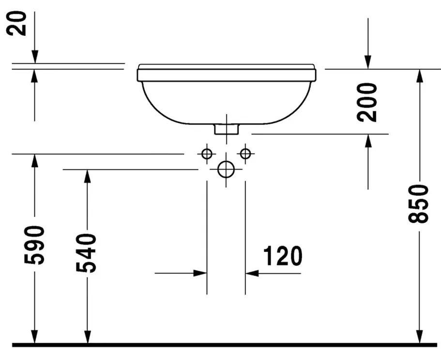 Duravit Starck 3 - Polozápustné umyvadlo, 1 otvor pro armaturu propíchnutý, 55 x 46 cm, bílé 0310550000