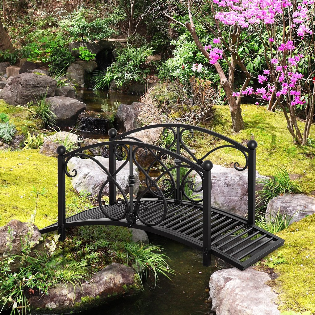 Zahradní most Outsunny z kovu s bočními zábradlím, starožitný styl, maximální nosnost 150 kg, rozměry 102 x 48 x 49 cm, černý | Aosom
