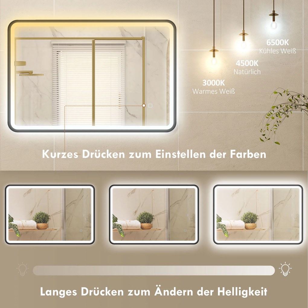 HOMCOM 90 x 60 cm LED koupelnové zrcadlo, světla, 3 barvy, stmívatelné, paměťová funkce, horizontálně a vertikálně, černé