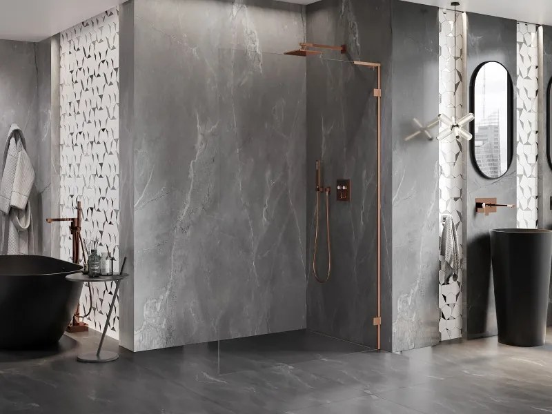 Mexen, Mexen Lunar L sprchová stěna pravá 80 x 200 cm, průhledná 8 mm, broušená měď - 830L-080-000-65-00-P
