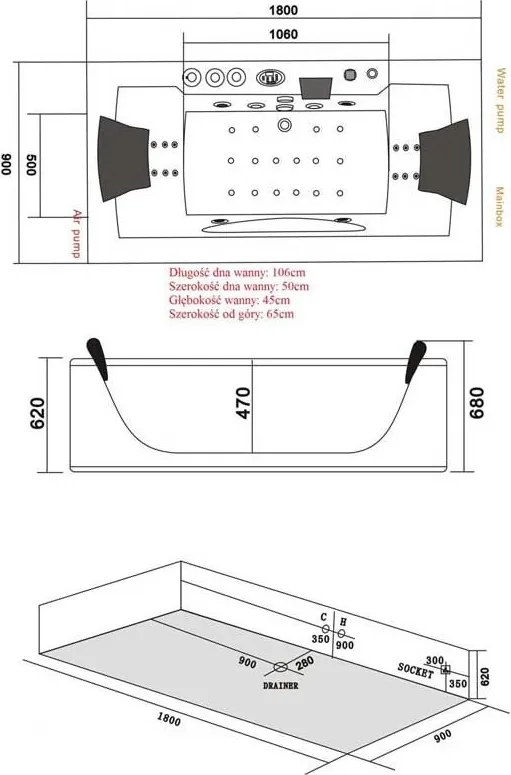 BPS-koupelny Hydromasážní vana HYD-LE659 180×90 bez ohřevu vody