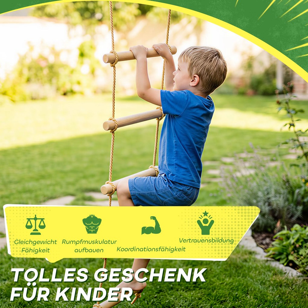 AIYAPLAY Ninja Line dětský lanový žebřík s 5 příčkami a slackline 1,8 m — přírodní dřevo, včetně 2 karabin a 2 popruhů na strom (3–8 let)
