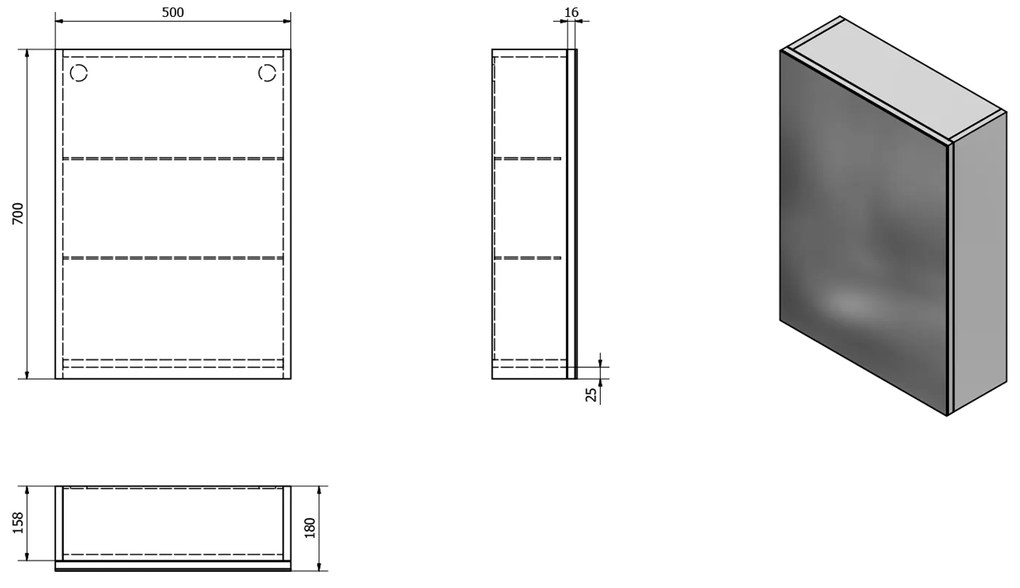 Aqualine VEGA galerka, 50x70x18cm, bílá VG050