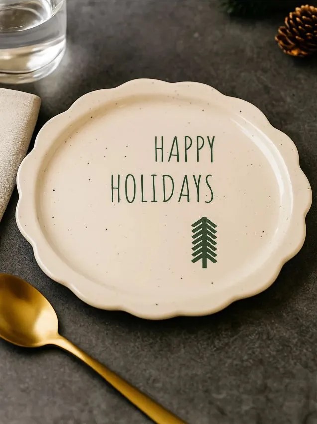 Sinsay - Vánoční keramický talíř s nápisem Happy Holidays - bílá