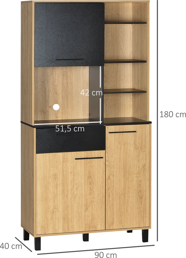HOMCOM Kuchařský bufetový kabinet s více úložným prostorem, 1 zásuvkou, 3 skříňkami, 4 policemi a spravováním kabelů, výška 180 cm