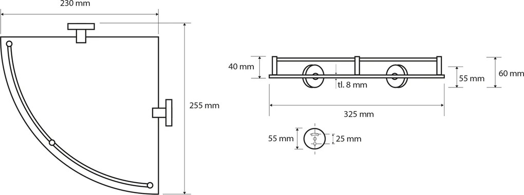 Sapho, X-ROUND E skleněná polička rohová s hrazdou 250x70x250mm, chrom, XR605
